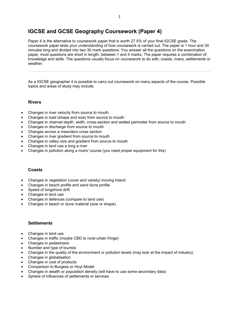 IGCSE/GCSE Geography Coursework Guide (Paper 4)