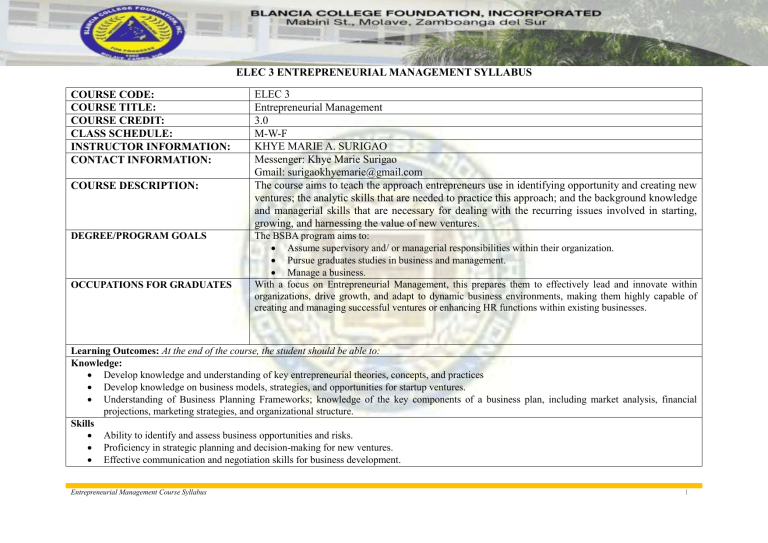 Entrepreneurial Management Syllabus - BSBA Program