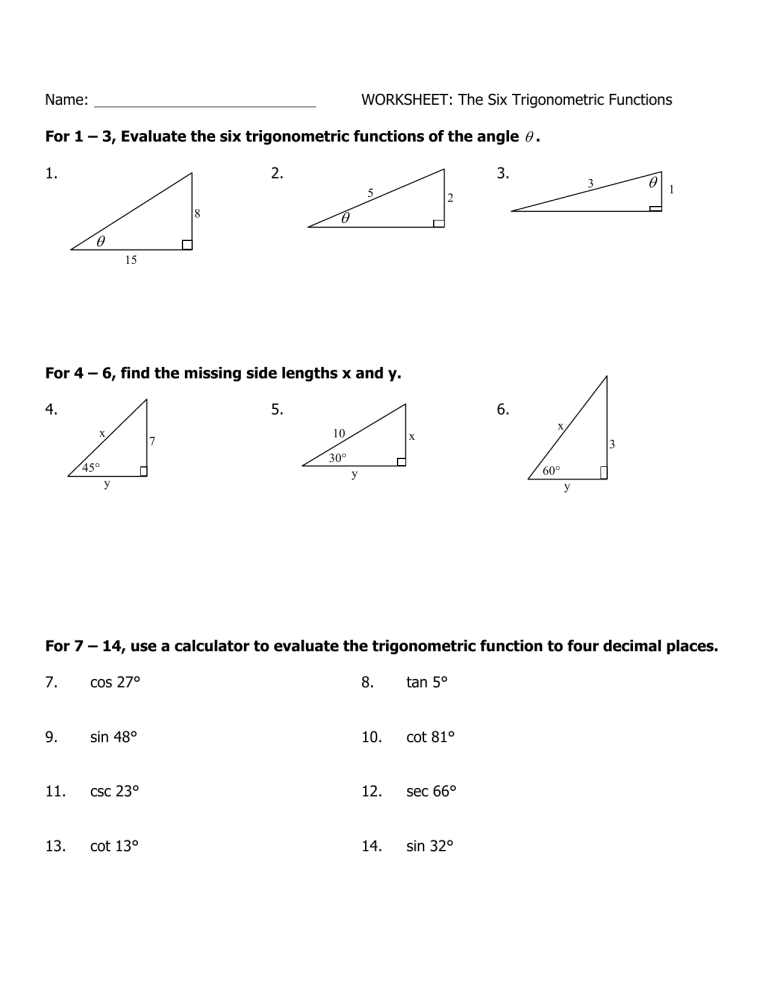 Trigonometry Worksheet: Six Trig Functions