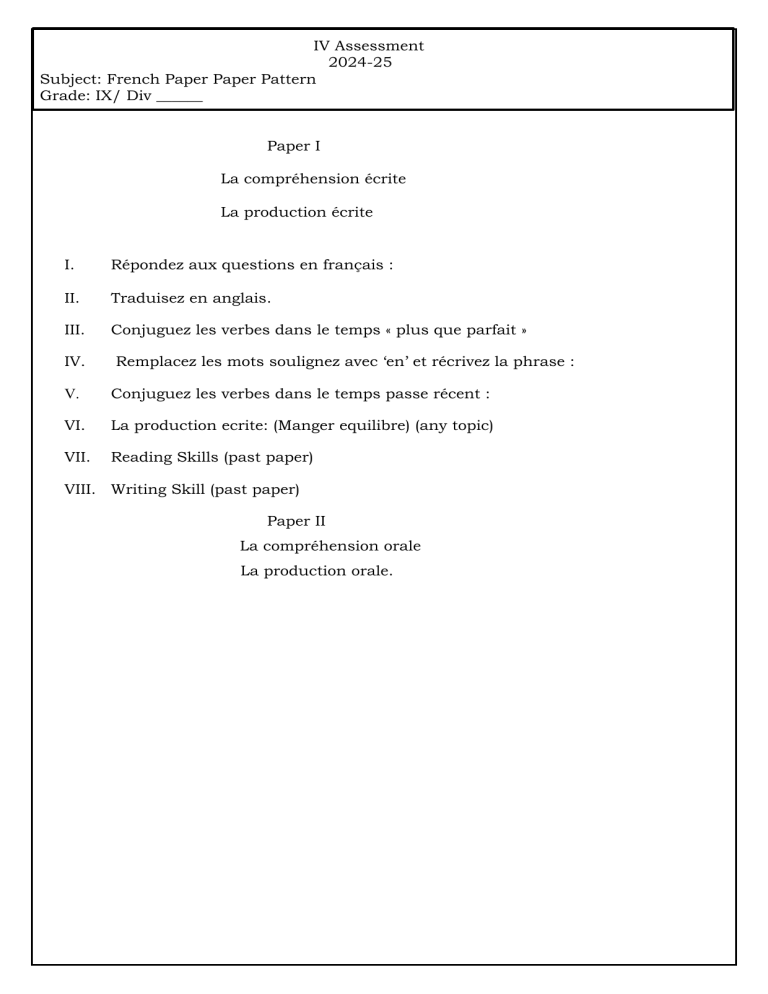 Modèle d'examen de français - Classe de 9e