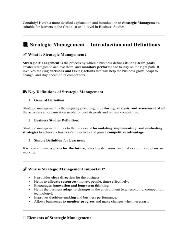 Strategic Management: Intro for High School Business Studies
