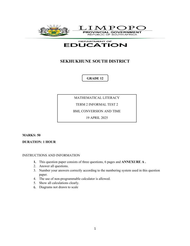 Grade 12 Mathematical Literacy Test: BMI, Conversion, Time