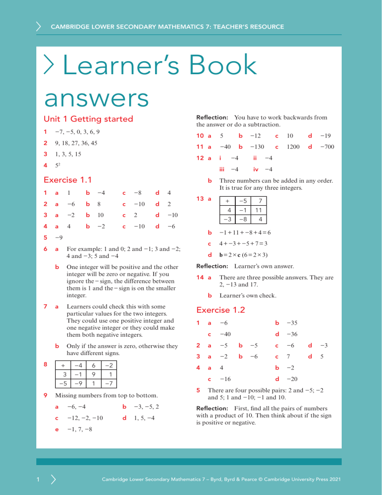 Cambridge Math 7: Learner's Book Answers & Resource