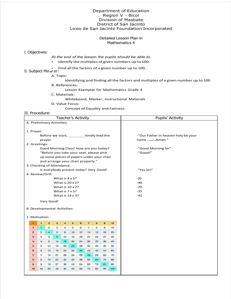 Math Lesson Plan: Factors and Multiples (Grade 4)