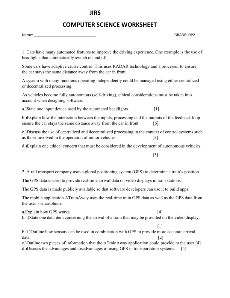 Computer Science Worksheet: Autonomous Systems & OS