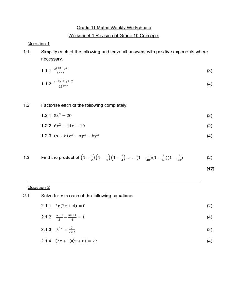 Grade 11 Maths Worksheet: Grade 10 Revision