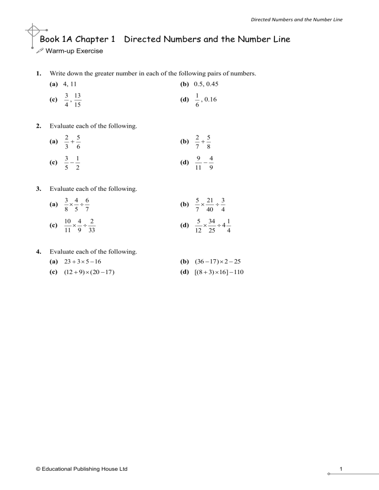 Directed Numbers & Number Line Worksheet