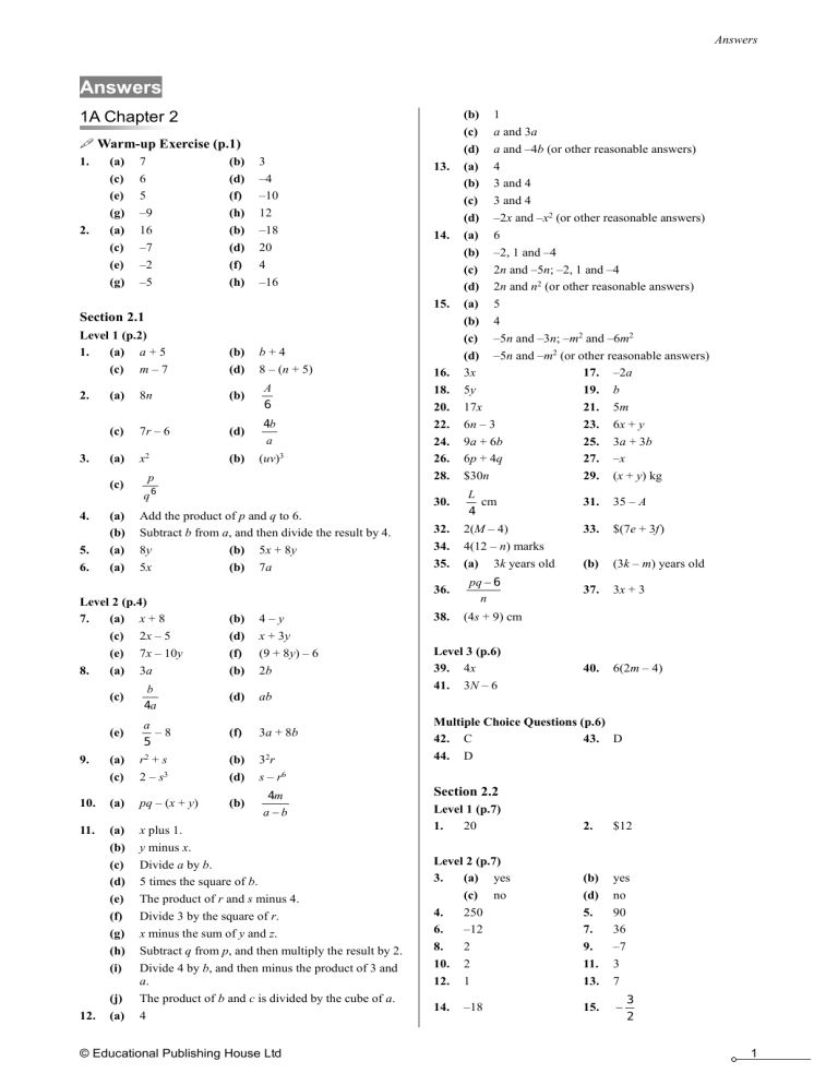 Algebra Answer Key: Chapter 2 Solutions