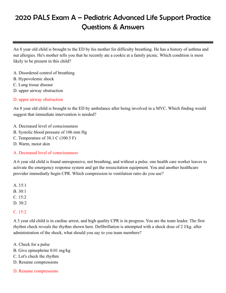PALS Practice Exam: Pediatric Advanced Life Support Questions