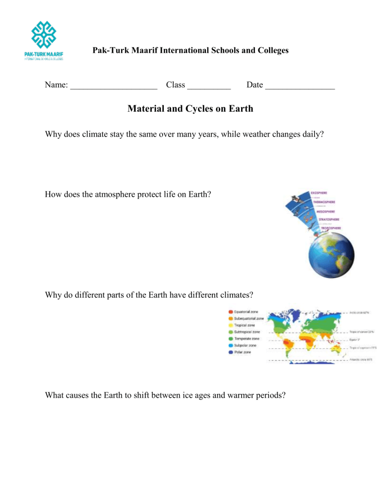 Earth's Materials & Cycles Worksheet: Climate, Atoms, Warming