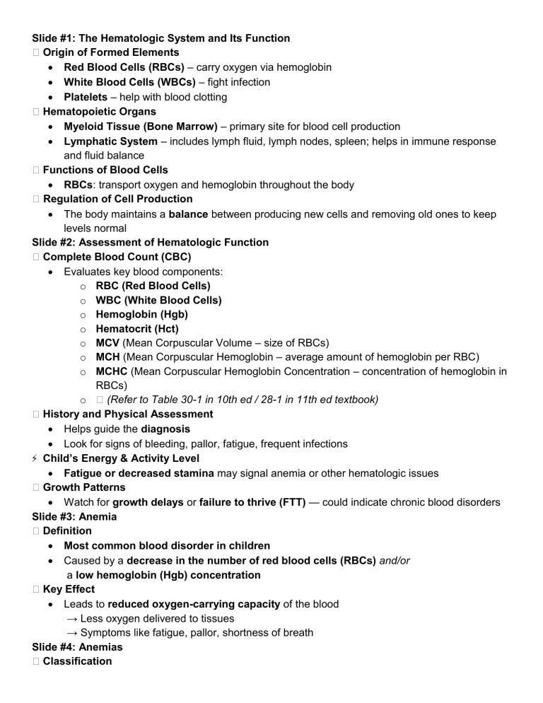 Hematologic System & Anemia: Presentation for Nursing Students