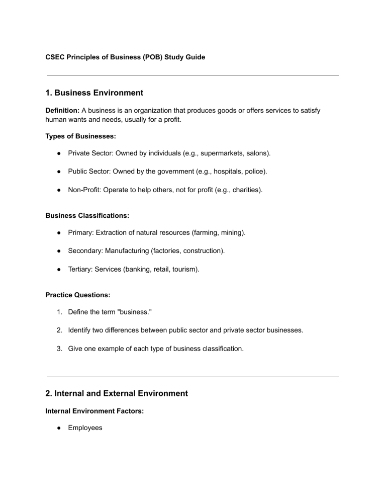 CSEC Principles of Business (POB) Study Guide