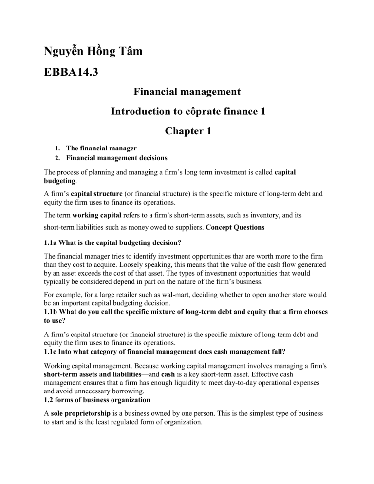 Corporate Finance: Introduction & Financial Management Decisions