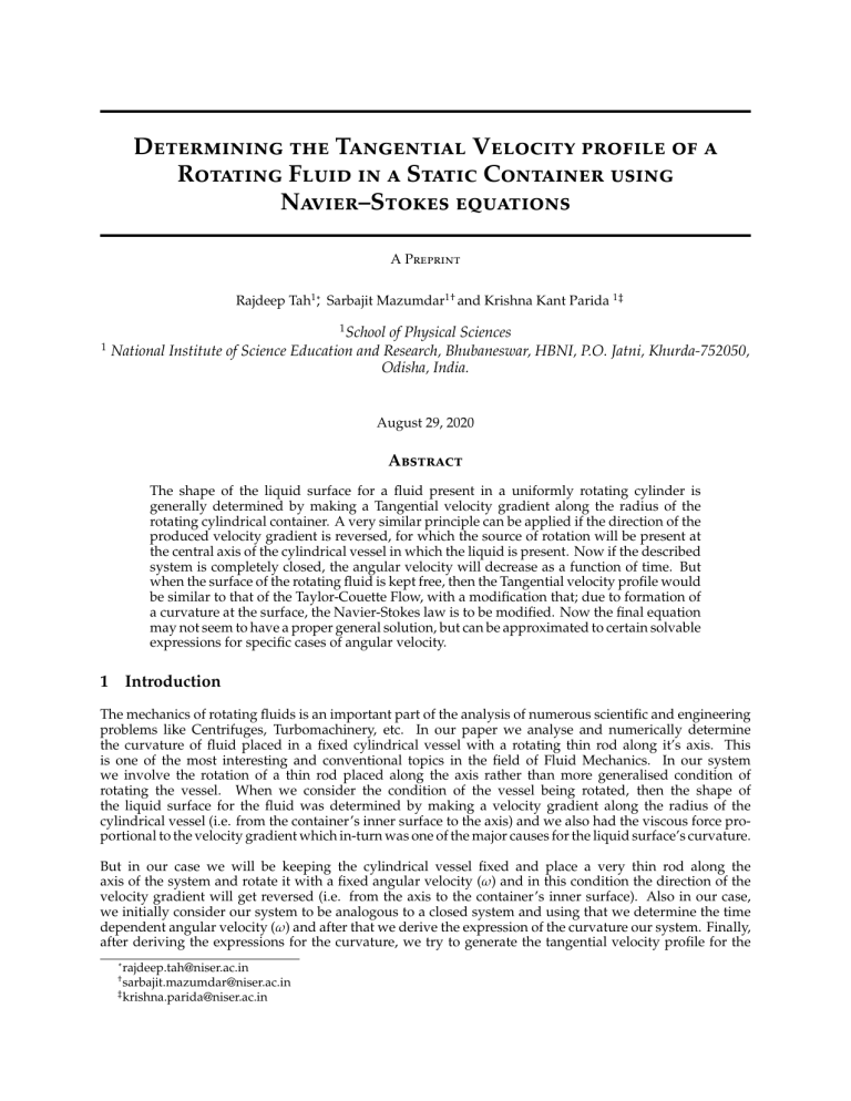 Rotating Fluid Velocity Profile: Navier-Stokes Analysis