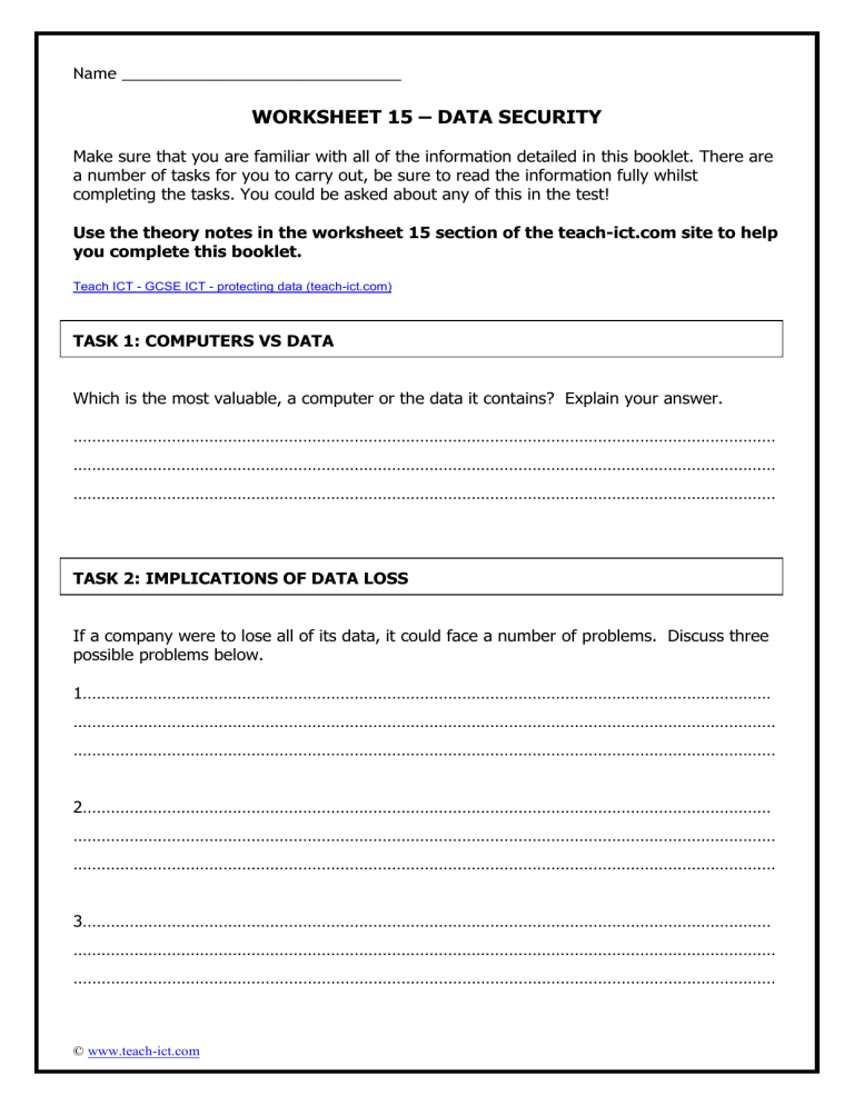 Data Security Worksheet: Protecting Your Information