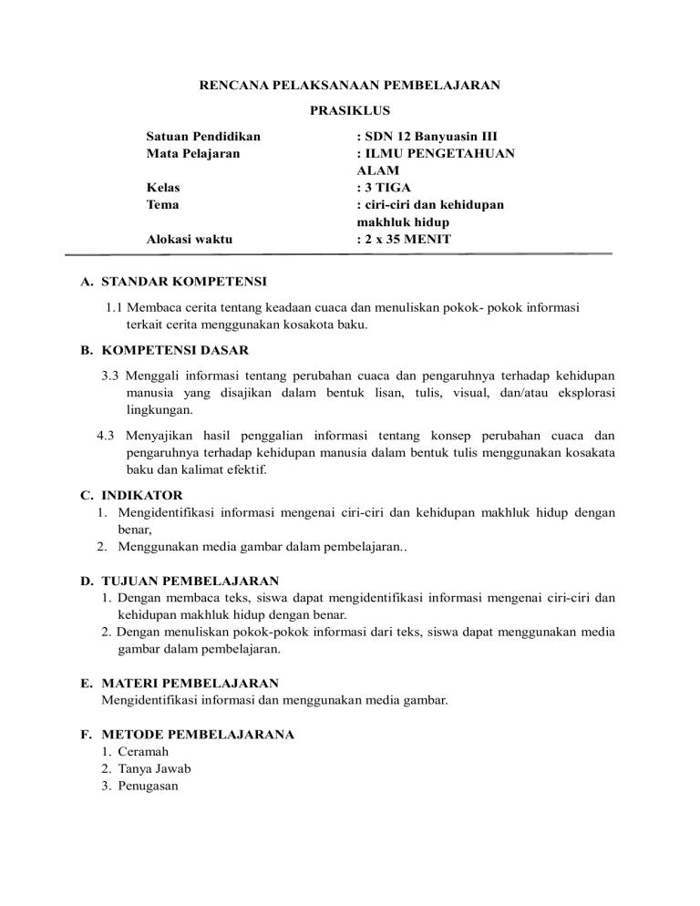 RPP: Makhluk Hidup - IPA Kelas 3