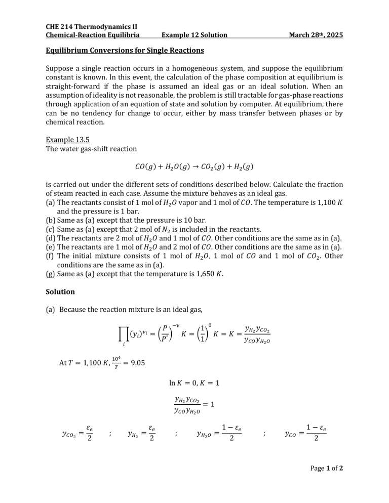 Chemical Reaction Equilibria: Water Gas-Shift Example