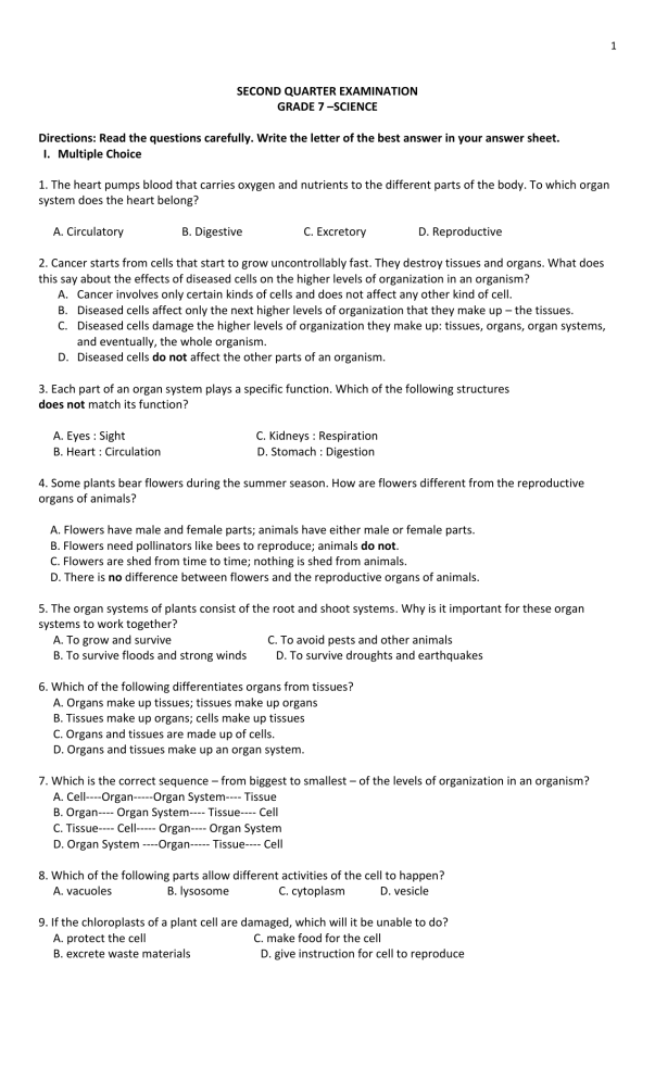 Grade 7 Science Exam: Cell Biology, Reproduction, Ecology