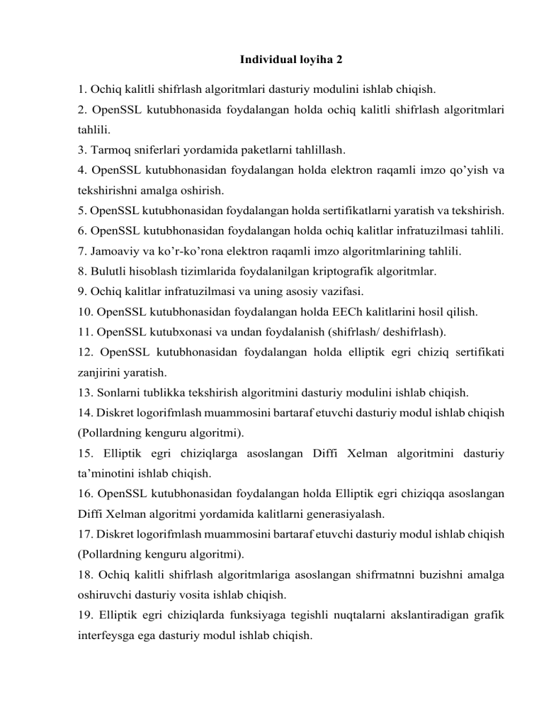 Kriptografiya loyihasi: OpenSSL, ECC va Blockchain tahlili