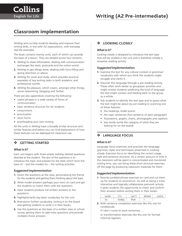 A2 Writing Coursebook: Classroom Implementation Guide