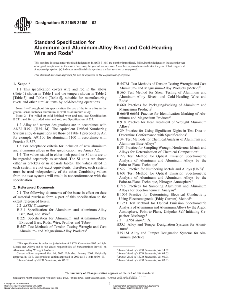 Aluminum Rivet & Cold-Heading Wire Standard Specification