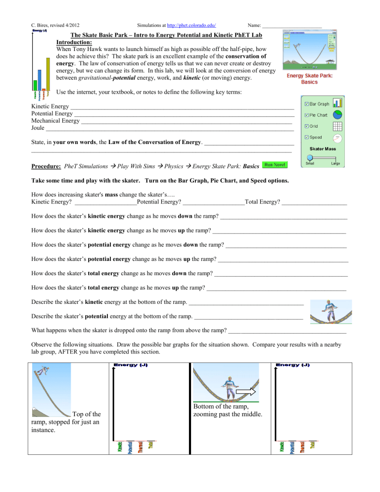 Skate Park Energy Lab: Kinetic & Potential Energy Worksheet