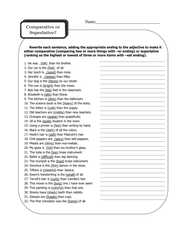 Comparative & Superlative Adjectives Worksheet
