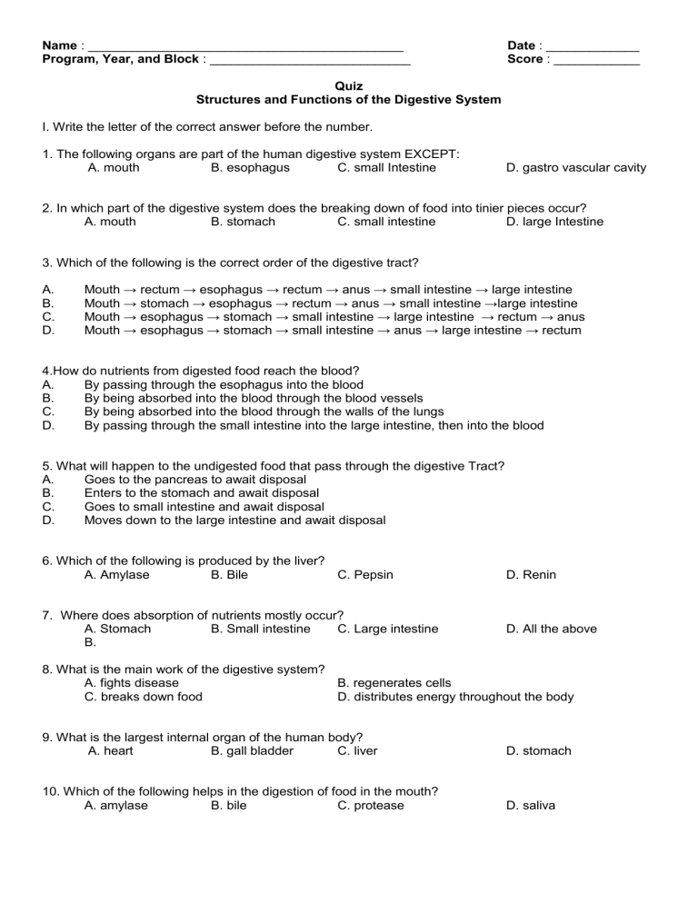Digestive System Quiz: Structures and Functions