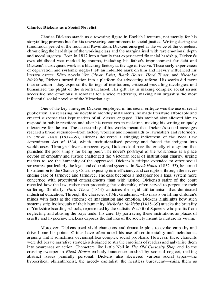 Charles Dickens: Social Novelist & Victorian Social Critique