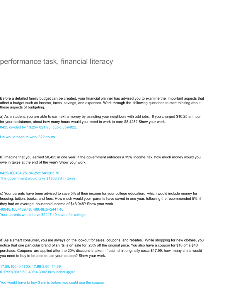 Financial Literacy Performance Task: Budgeting