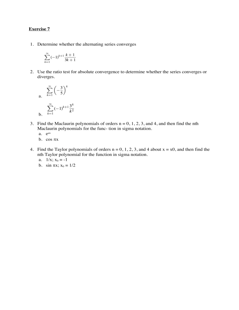 Calculus Exercises: Series, Polynomials, Convergence Tests