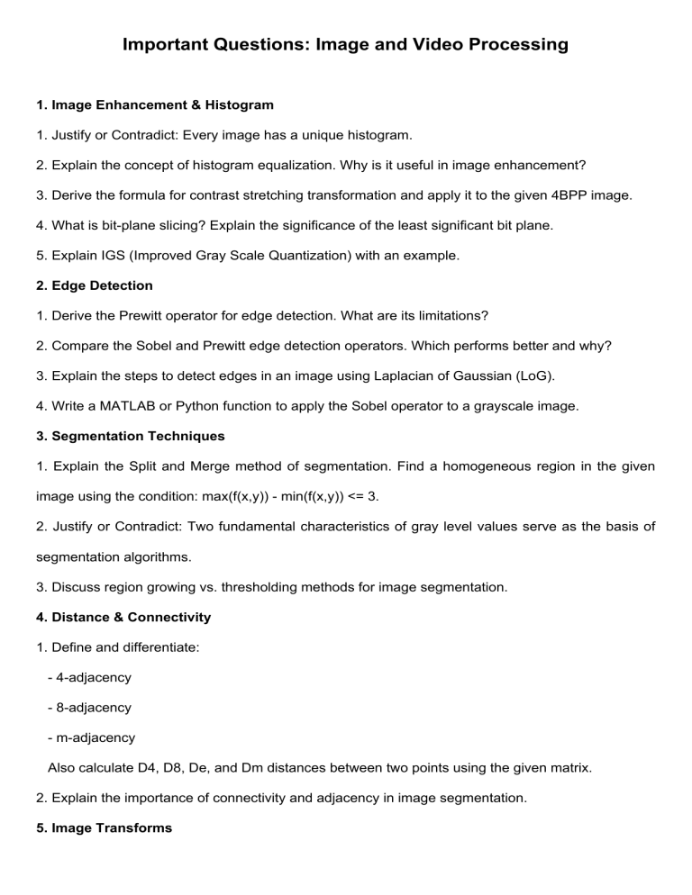 Image & Video Processing Exam Questions
