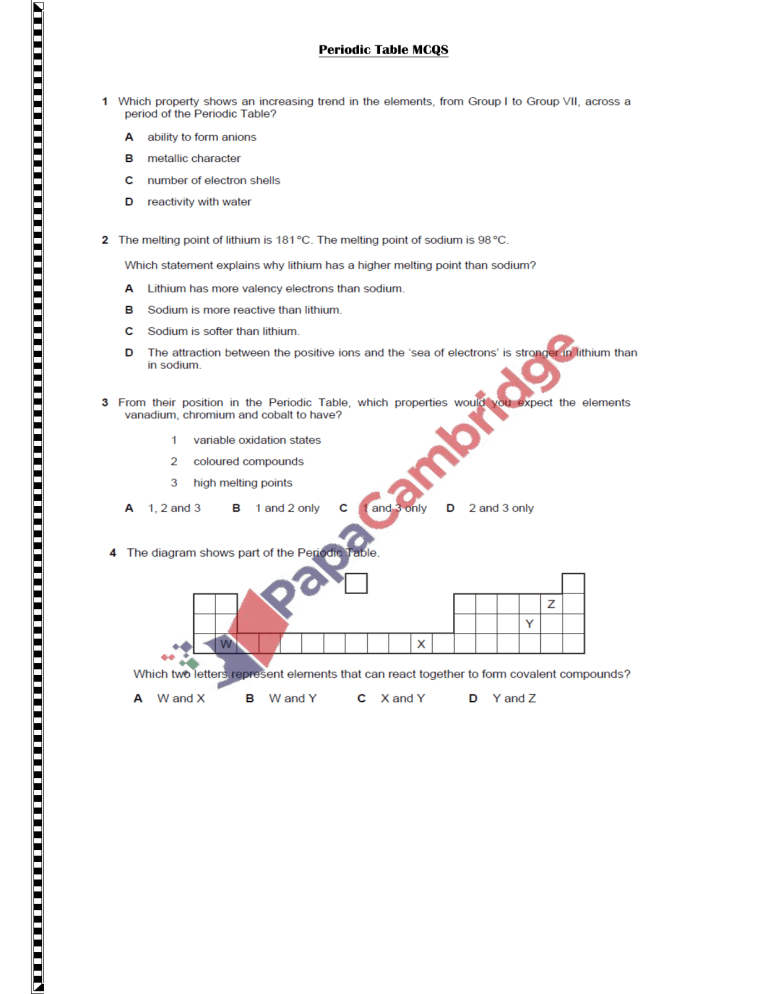 Periodic Table MCQs: Chemistry Practice Test