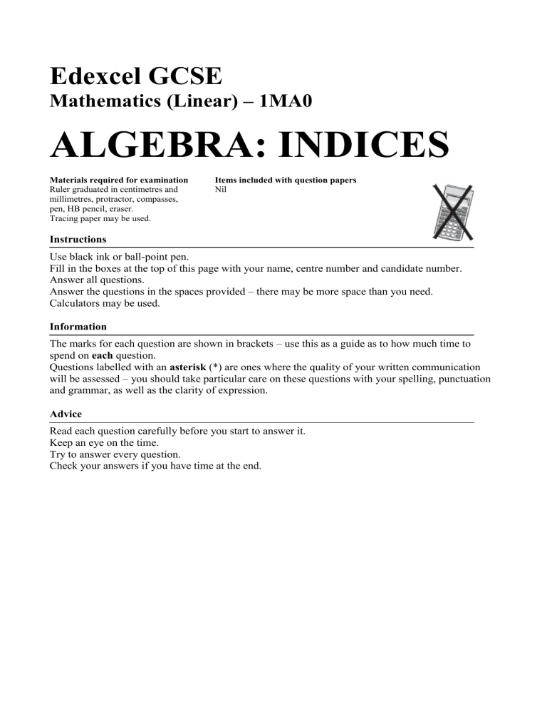 GCSE Maths: Algebra Indices Exam Paper