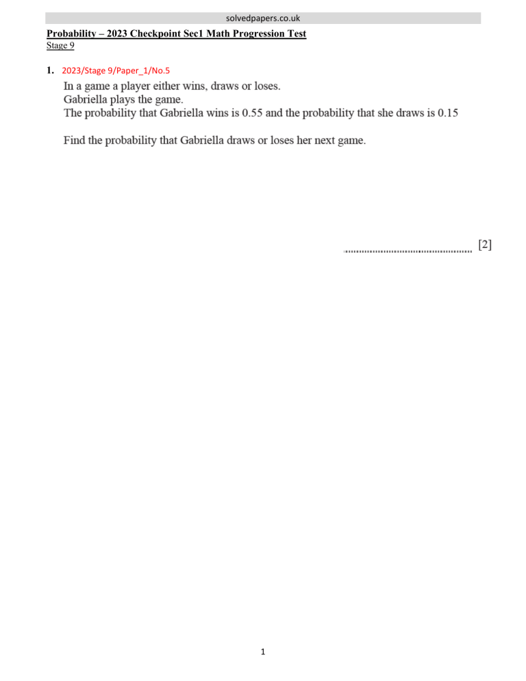 Probability Exam Paper - Stage 9 Math Progression Test