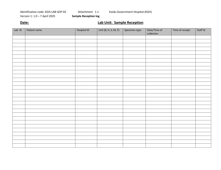 Sample Reception Log - Koidu Government Hospital