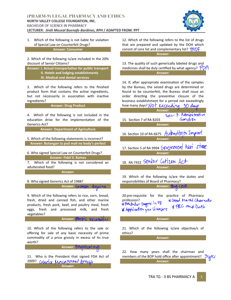 Legal Pharmacy & Ethics Exam Reviewer - Key Concepts & Laws
