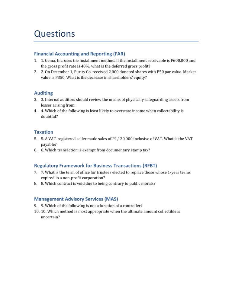 Exam Questions: Accounting, Auditing, Taxation, RFBT, MAS
