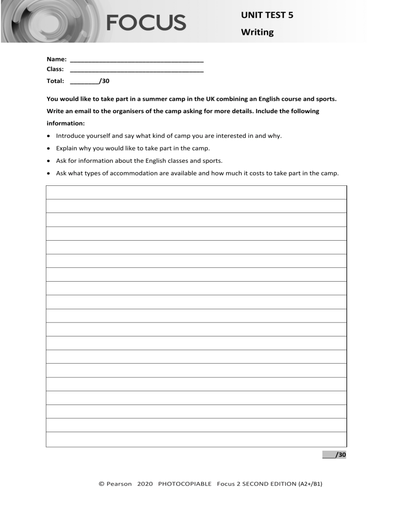 Unit Test 5: Summer Camp Email Writing (A2+/B1)