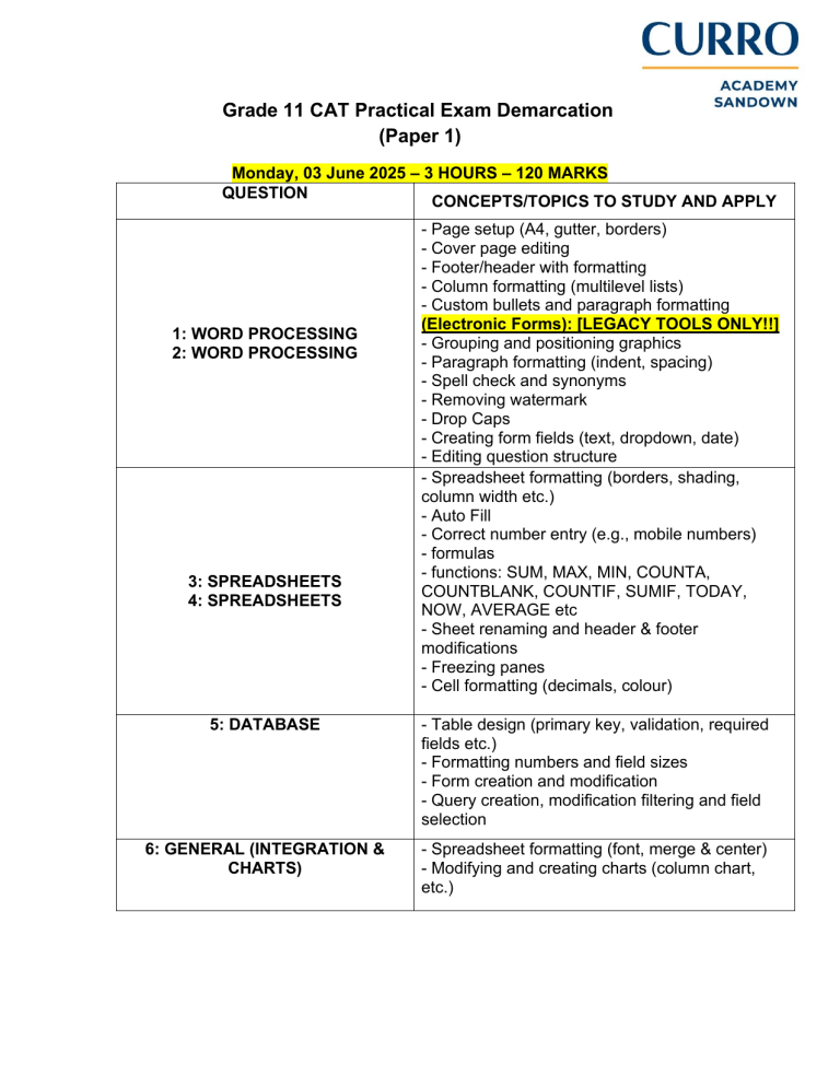 Grade 11 CAT Exam Demarcation: Practical & Theory
