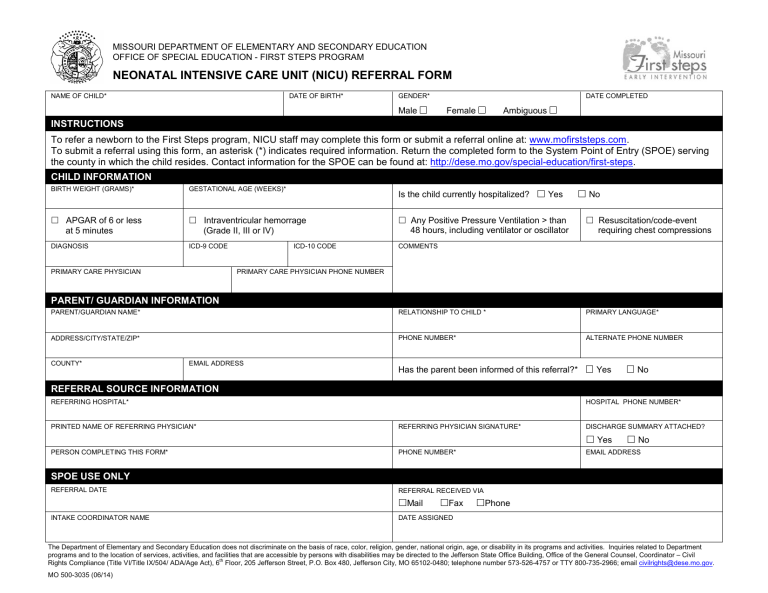 NICU Referral Form - Missouri First Steps Program