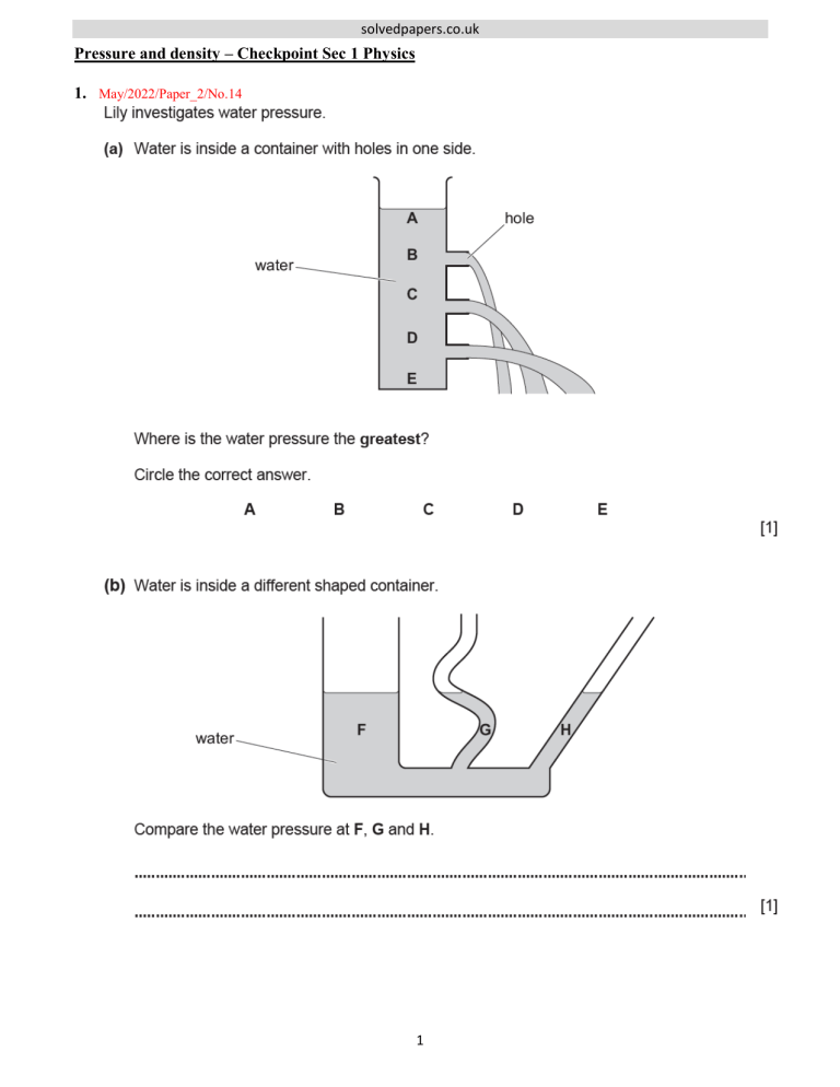 Pressure & Density Checkpoint Physics Exam Paper