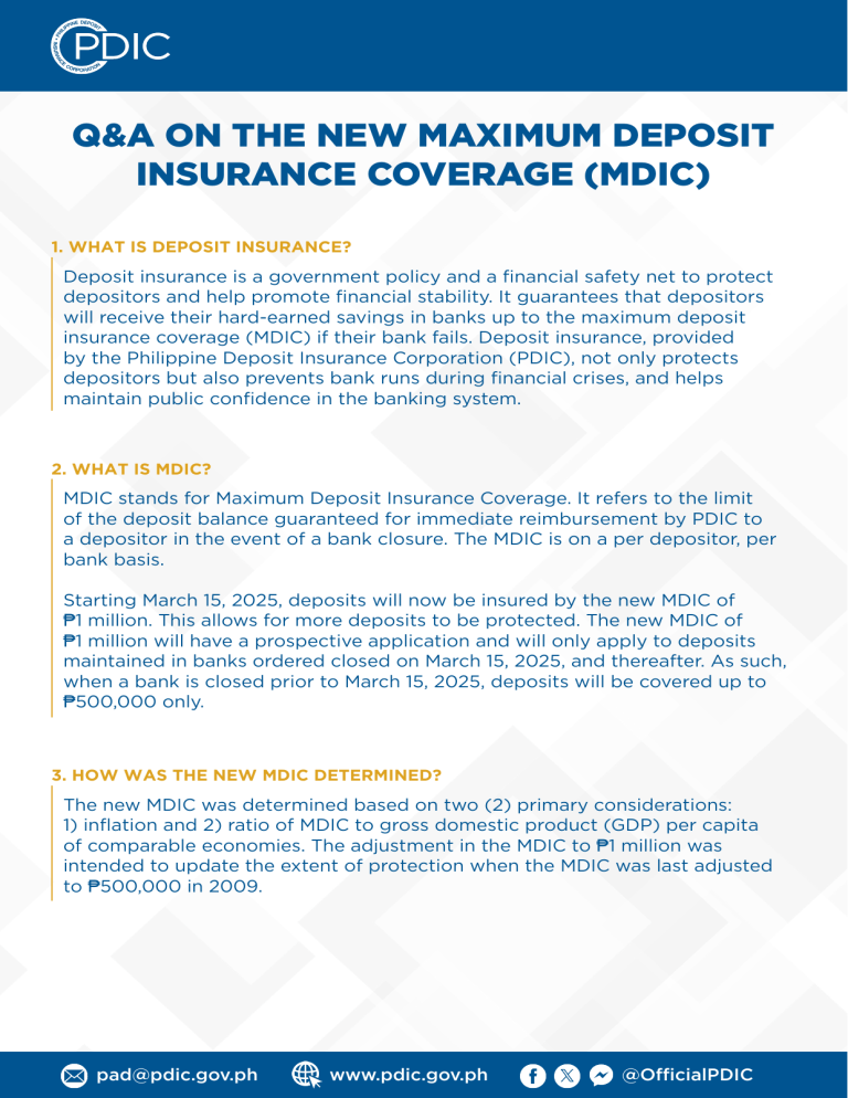 PDIC: New Maximum Deposit Insurance Coverage (MDIC) Q&A