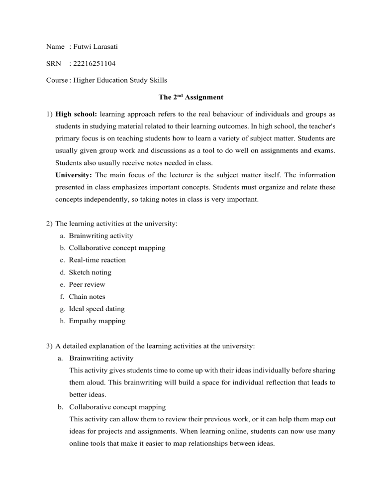 Higher Education Study Skills Assignment: Learning Approaches