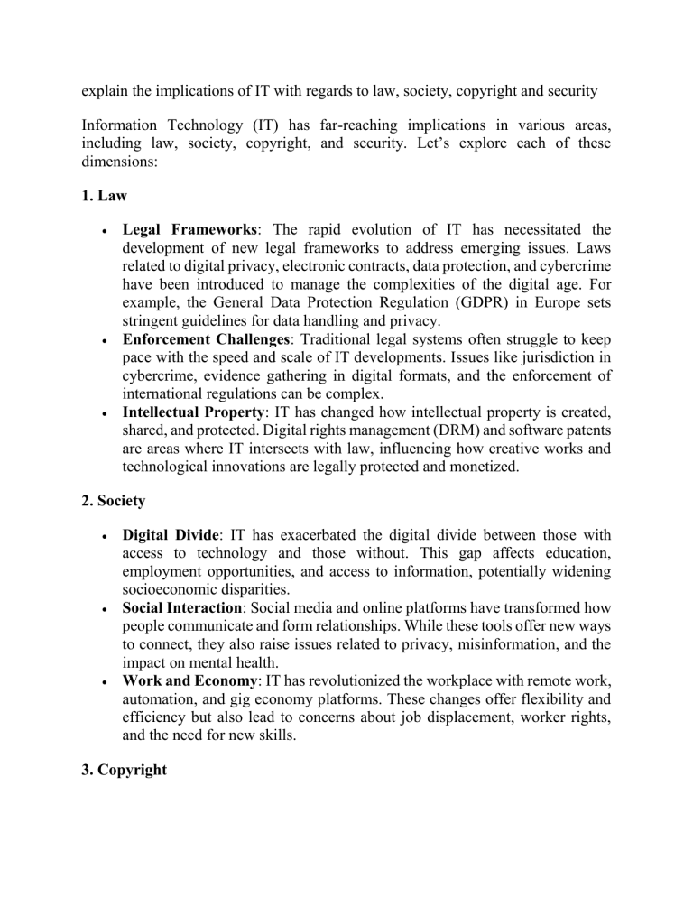 IT Implications: Law, Society, Copyright, Security