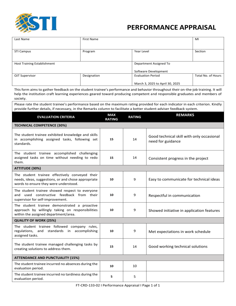 Student Trainee Performance Appraisal - Software Development