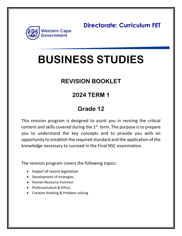 Business Studies Grade 12 Revision Booklet