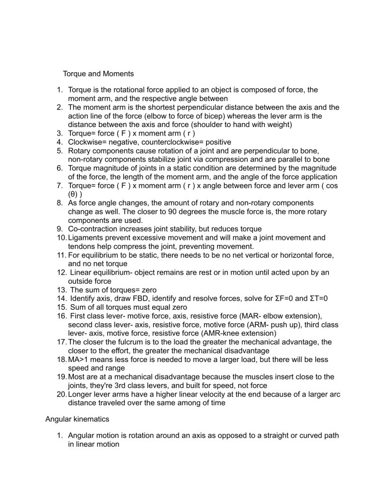 Torque, Kinematics, Kinetics Lecture Notes