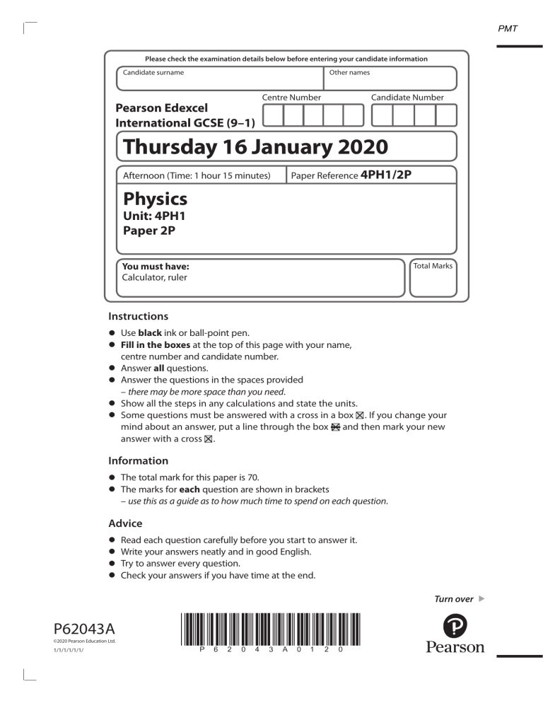Physics IGCSE Exam Paper - Edexcel 4PH1/2P January 2020