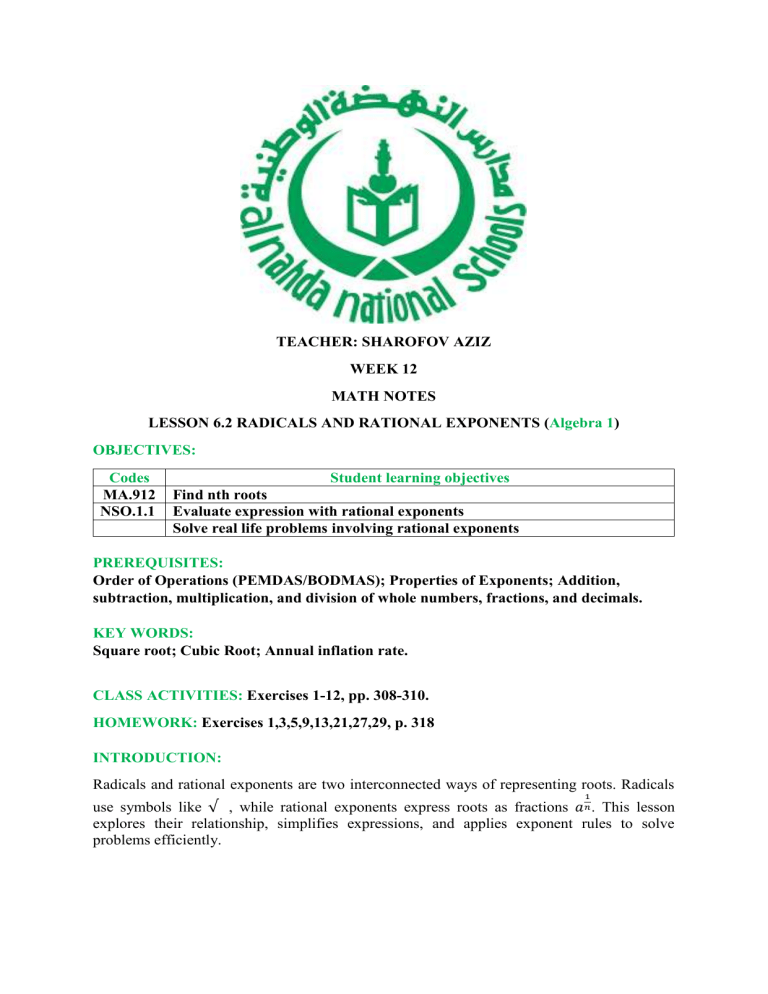 Radicals & Rational Exponents: Algebra 1 Math Notes